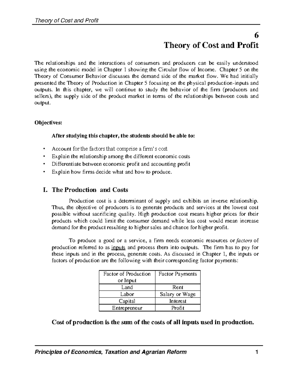 Theory of Cost anf Profit - 6 Theory of Cost and Profit The ...