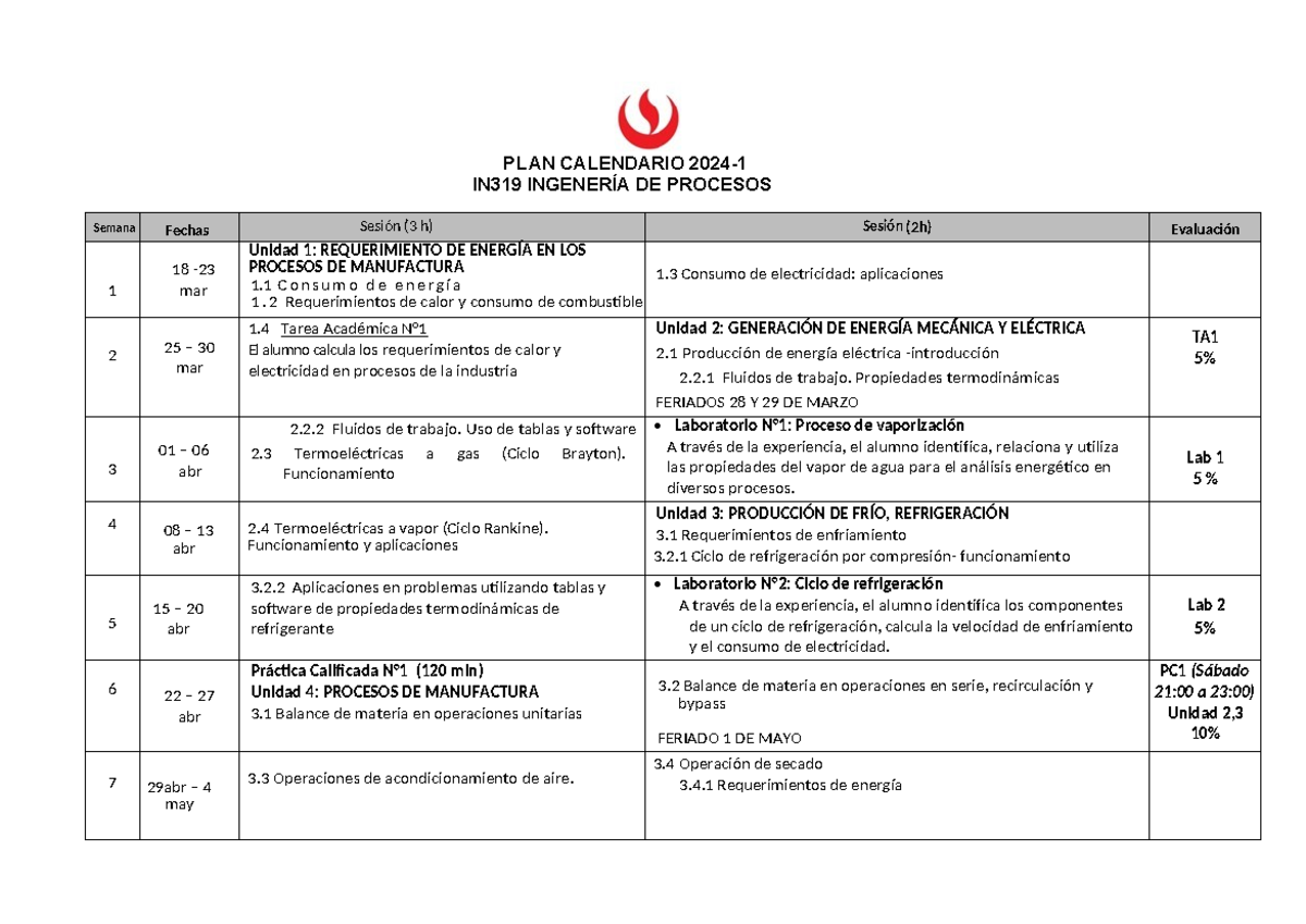 Plan calendario 2024-1 - PLAN CALENDARIO 2024 - 1 IN319 INGENERÍA DE ...