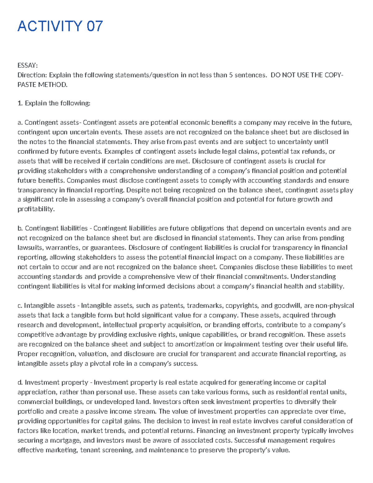 ACT07sssssssssssss - ACTIVITY 07 ESSAY: Direction: Explain the ...