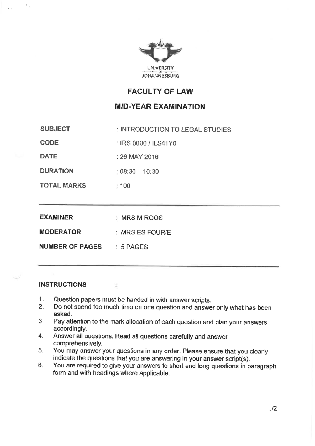 Introduction TO Legal Studies IRS0000 ILS41Y0 MAY 2016 - LLB - Studocu