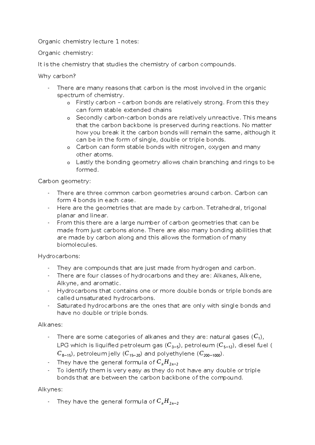 Lecture 1 notes (organic chemistry) - Organic chemistry lecture 1 notes ...