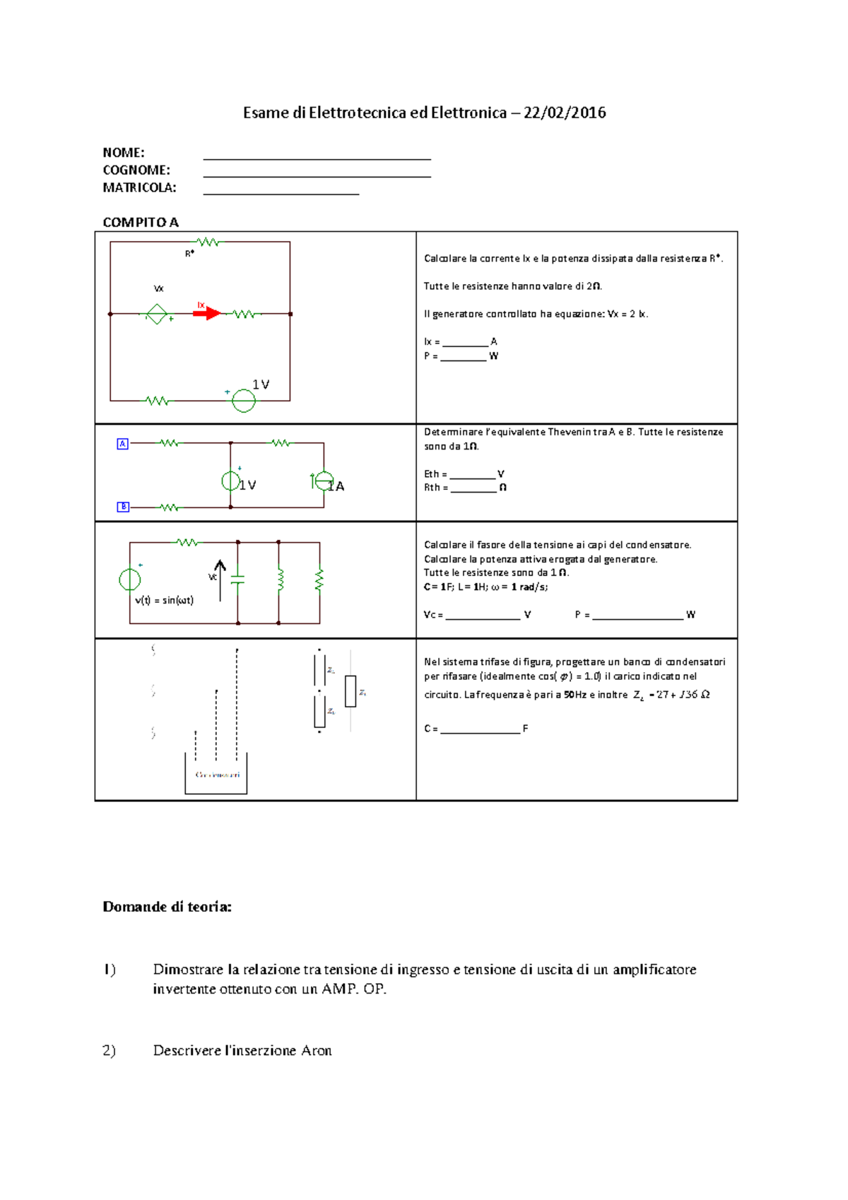 Prova d'esame, febbraio 2016 - elettronica - prof. P. Del Vecchio ...