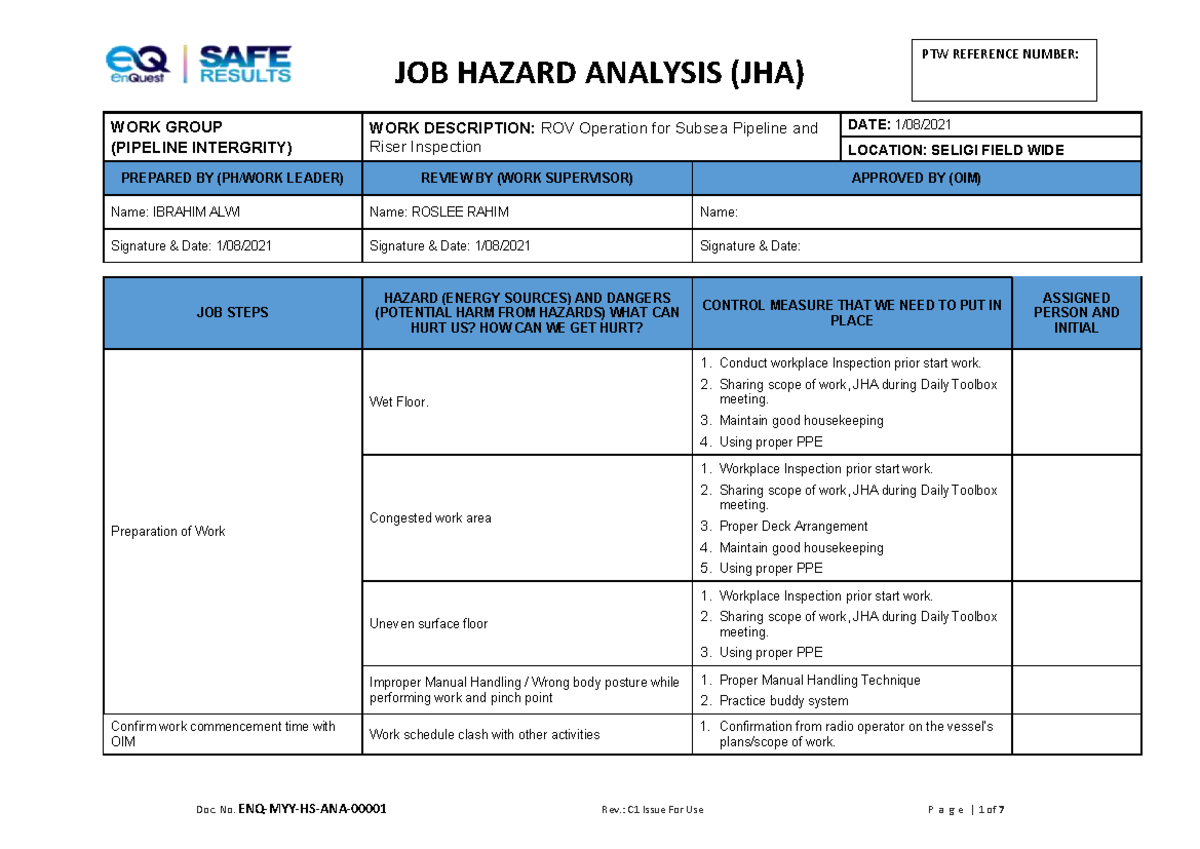 JHA - ROV Operation Day Shift AUG 2021 - JOB HAZARD ANALYSIS (JHA) WORK ...