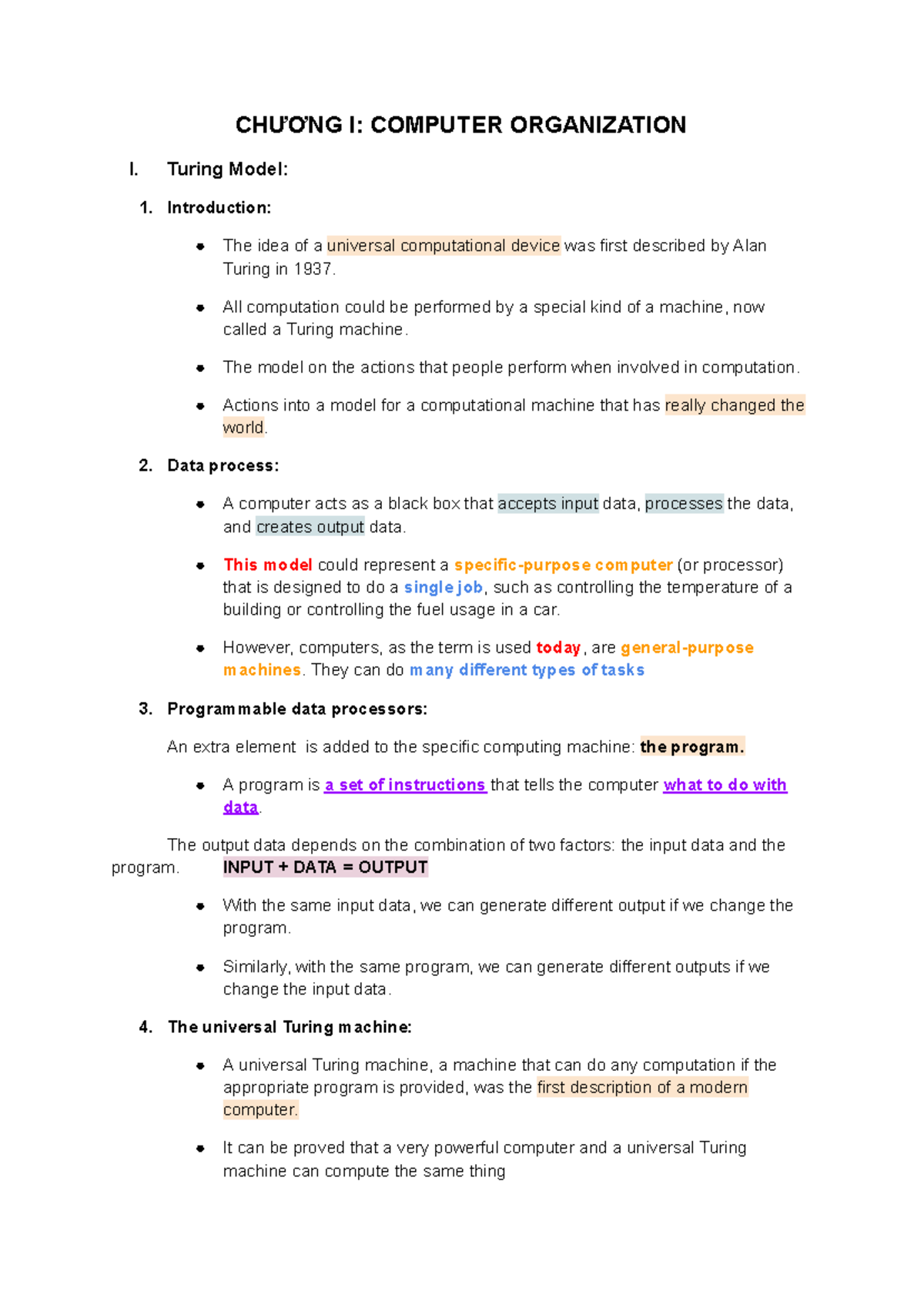 Csi104 Summary ChƯƠng I Computer Organization I Turing Model Introduction The Idea Of A