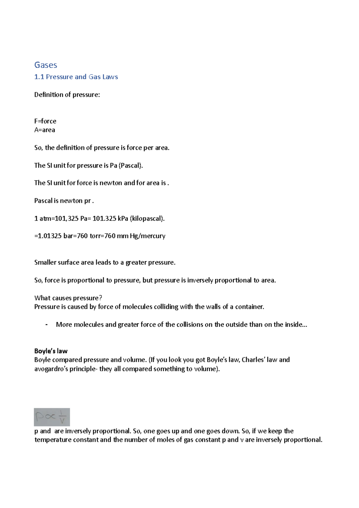Gases- physical chemistry notes - Gases 1 Pressure and Gas Laws ...