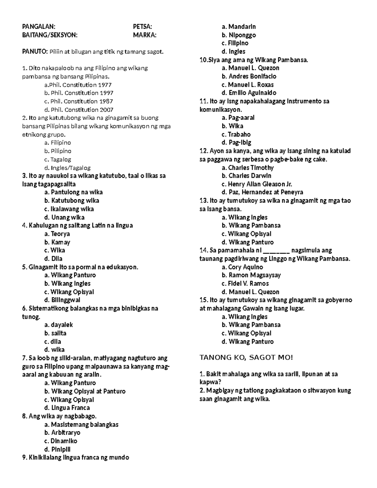 Aktibi FOR Filipino 11 - PANGALAN: PETSA: BAITANG/SEKSYON: MARKA ...
