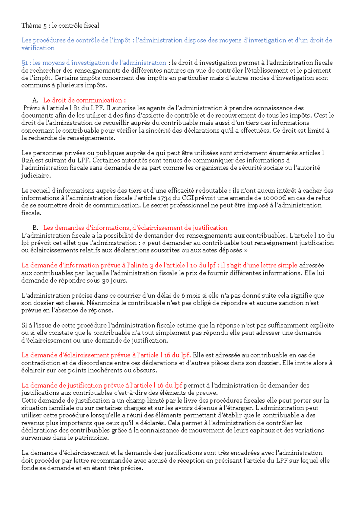 Thème 5 fiscal - Thème 5 : le contrôle fiscal Les procédures de ...