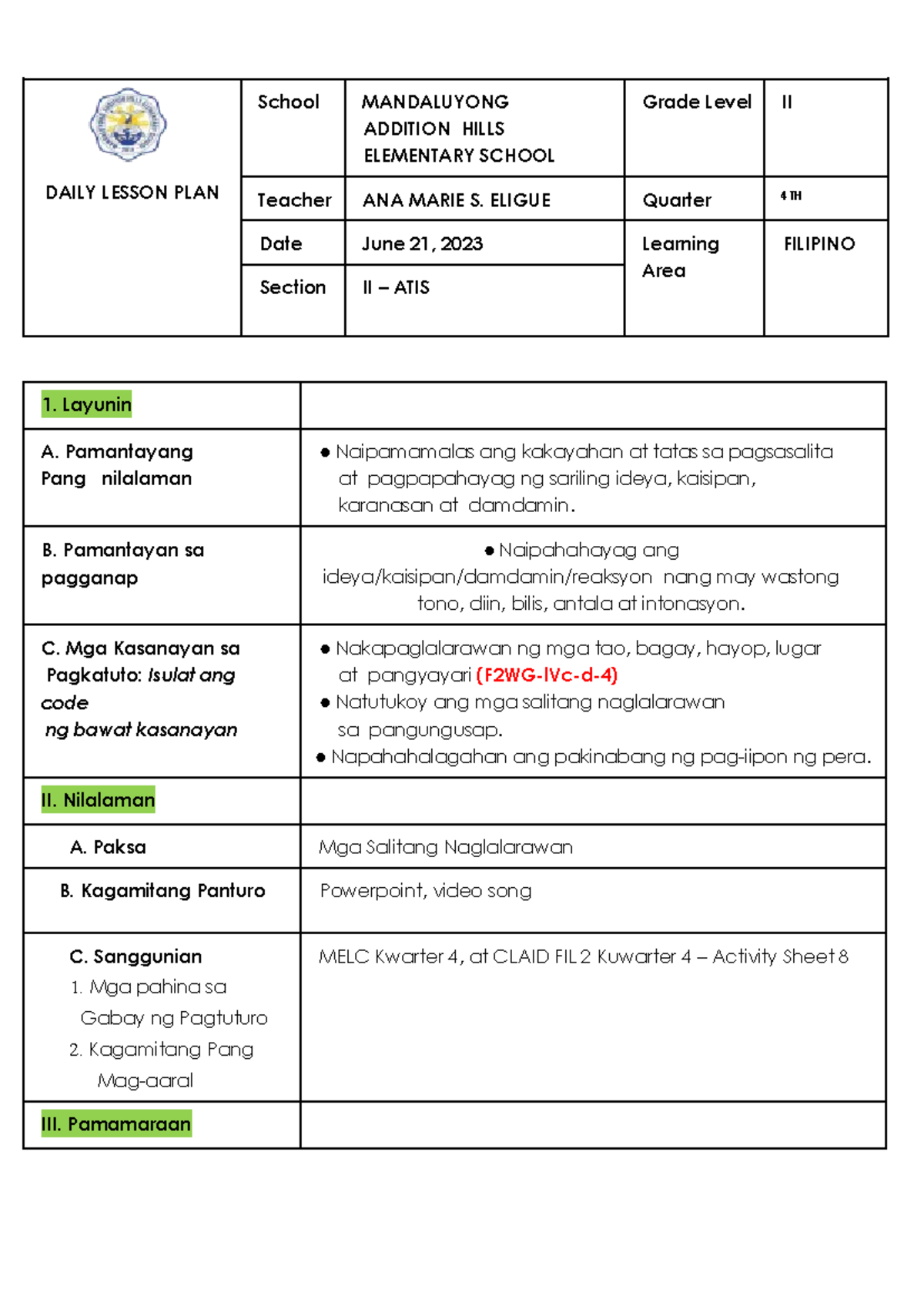 Filipino COT2 Eligue pdf - DAILY LESSON PLAN School MANDALUYONG ...