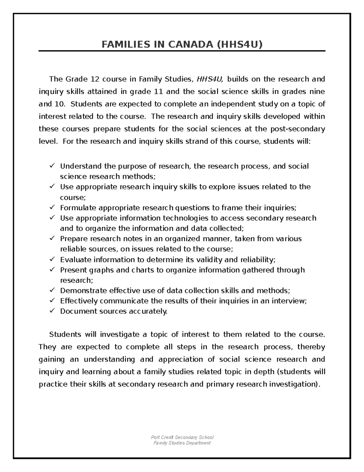 Explanation of phases for culminating - FAMILIES IN CANADA (HHS4U) The ...