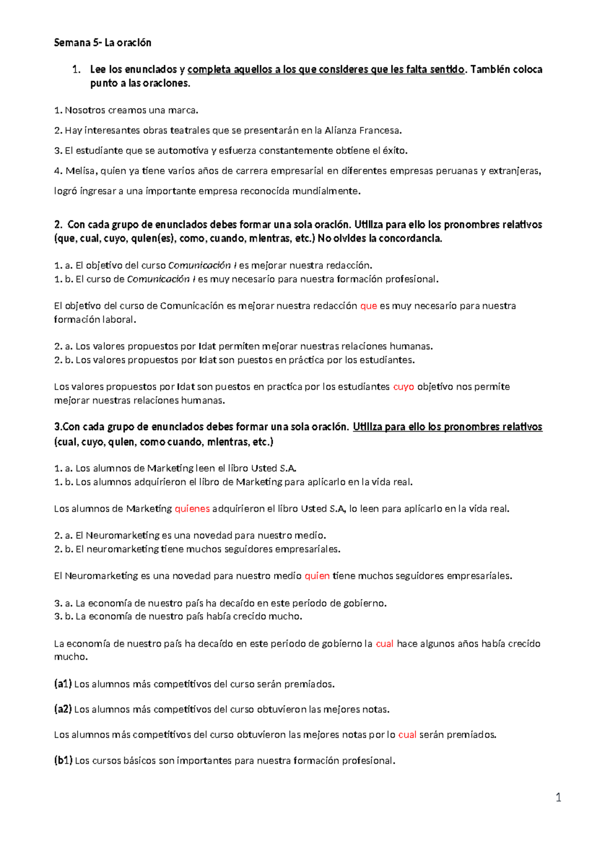 Ejercicios La oración 2024 - 1 Semana 5- La oración 1. Lee los ...