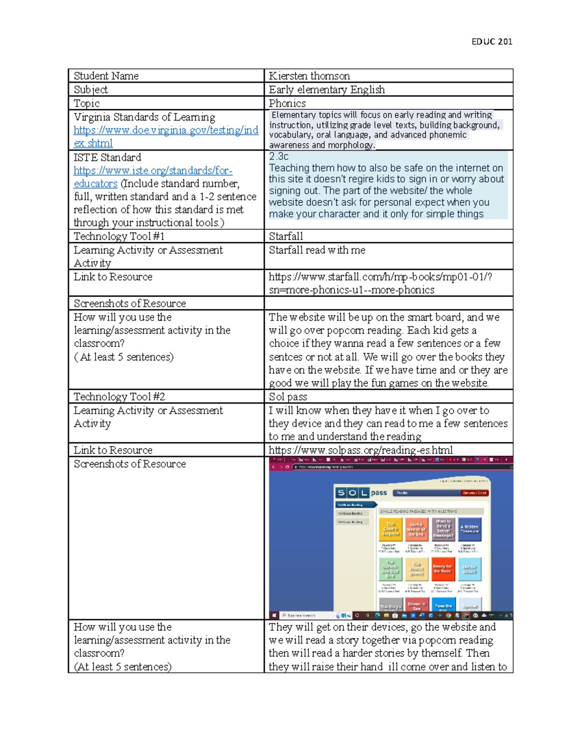 EDUC201 Technology Application Project Chart-1 - EDUC 201 Student Name ...
