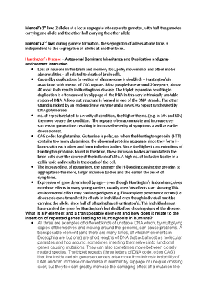 BIOL1005 Cheat sheet genetic disorders - GENETIC DISORDERS Condition ...