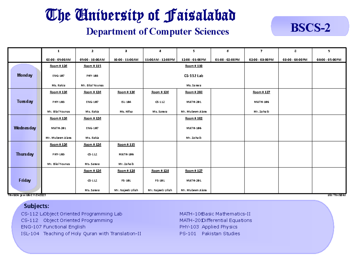 Time Table FALL-23 Nov-25 (Seniors) - Department of Computer Sciences ...