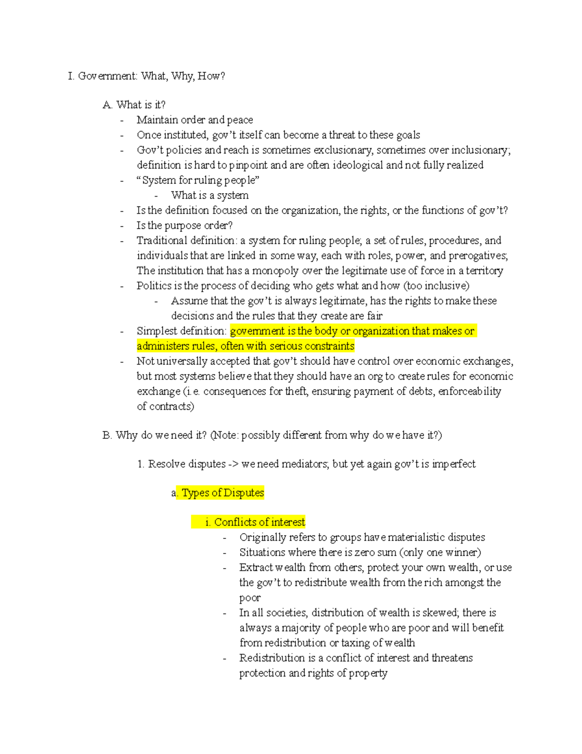 8 24 - 8 31 Notes - I. Government: What, Why, How? A. What is it ...