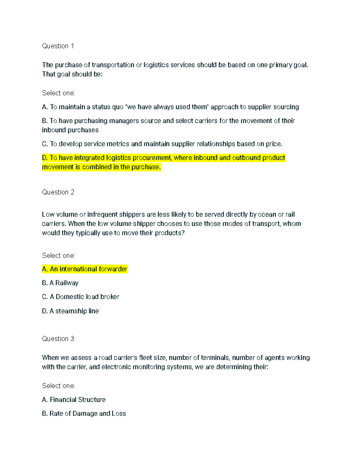 Quiz 4 - Procurement - Question 1 The purchase of transportation or ...