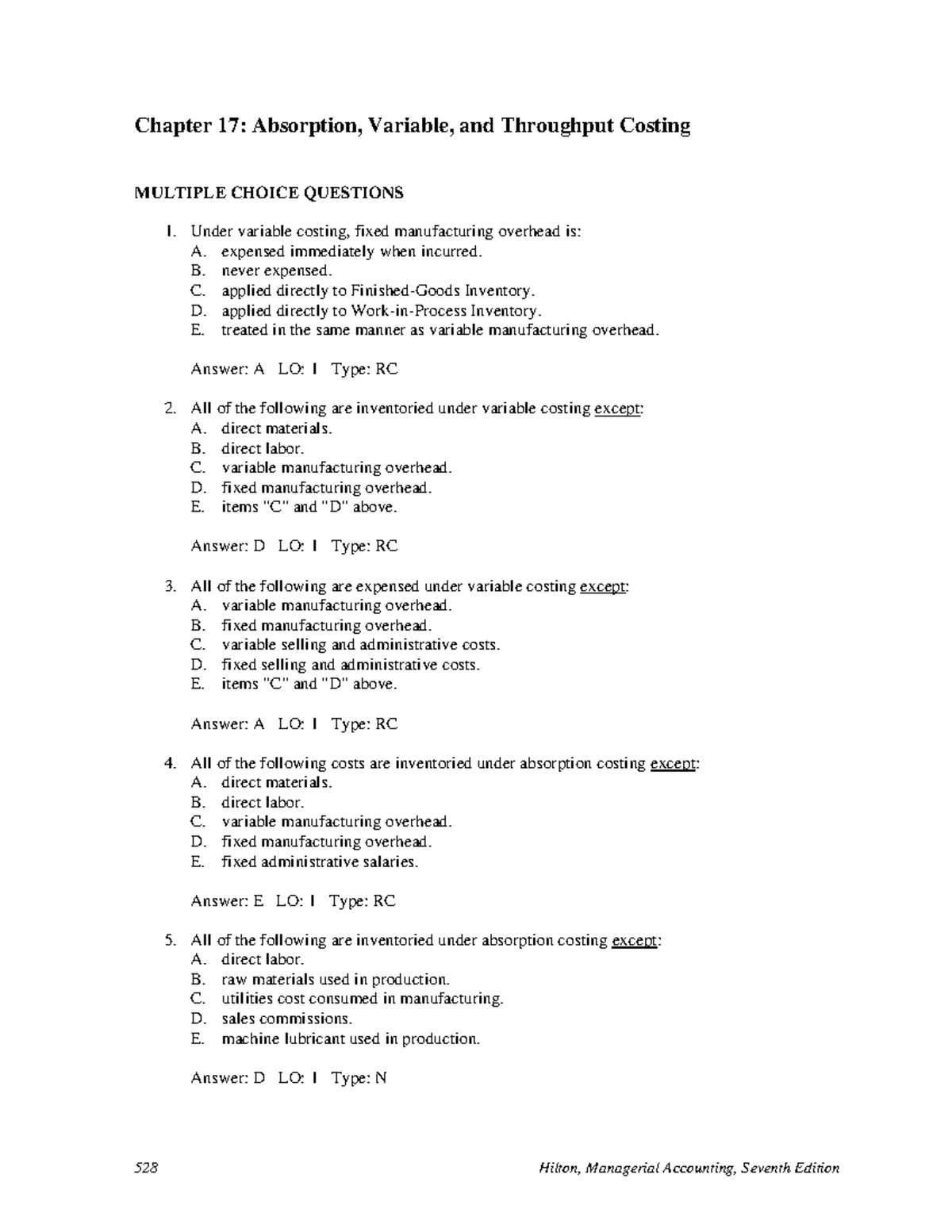 Chapter 17 Absorption Variable And Throughput Costing - Chapter 17: Absorption, Variable, and ...