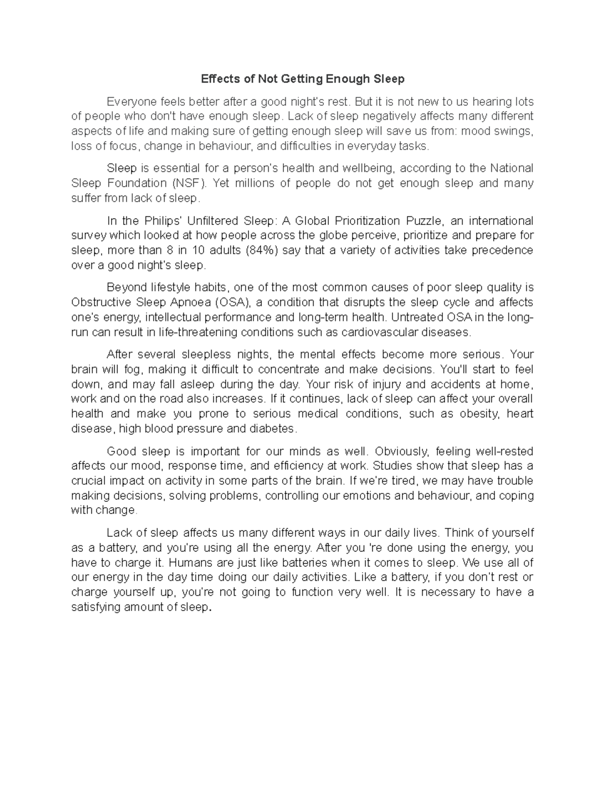 Explanation Essay - it explains what is the effect of not getting enough sleep - Effects of Not ...