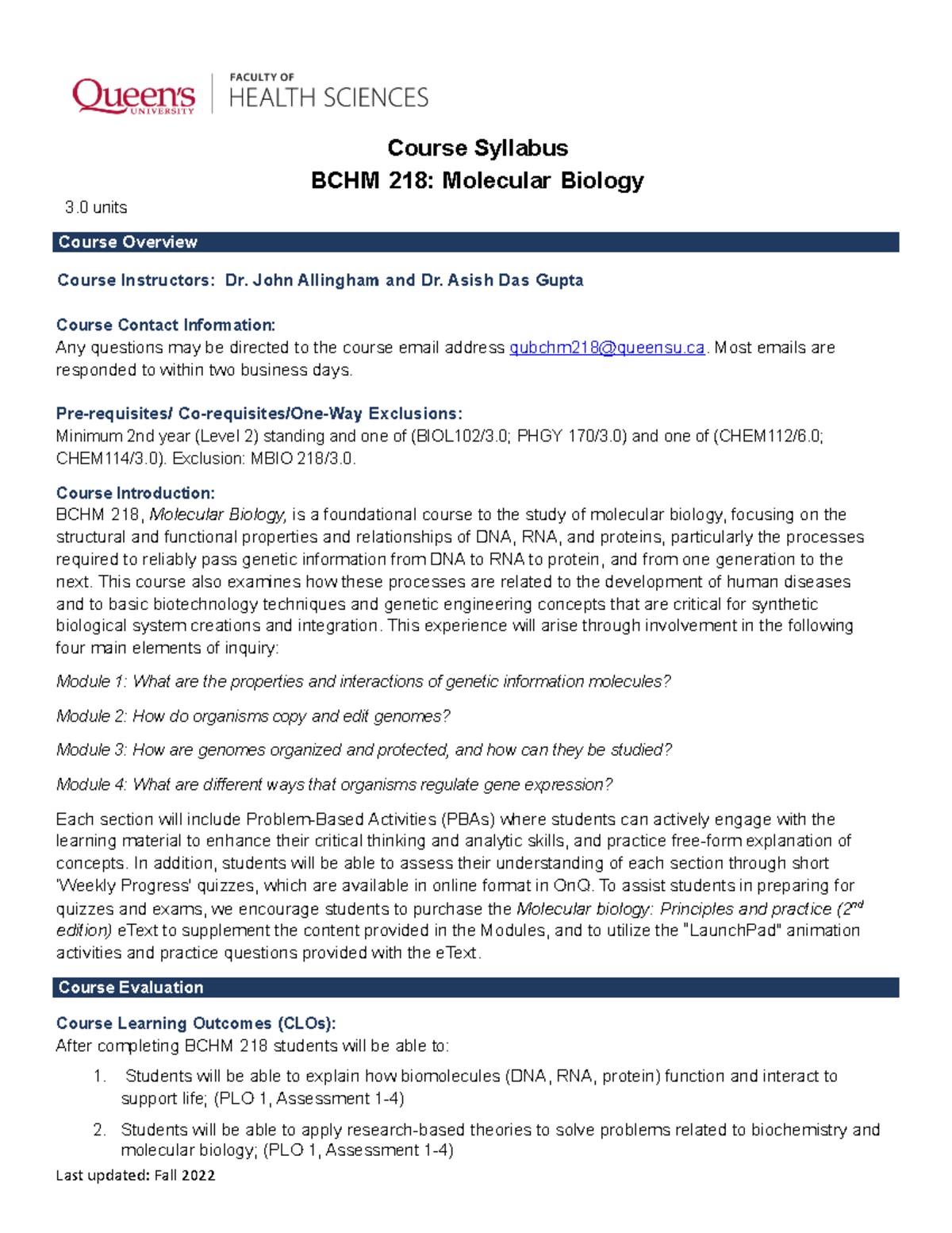 BCHM218 Syllabus Fall22 - Course Syllabus BCHM 218: Molecular Biology 3 ...