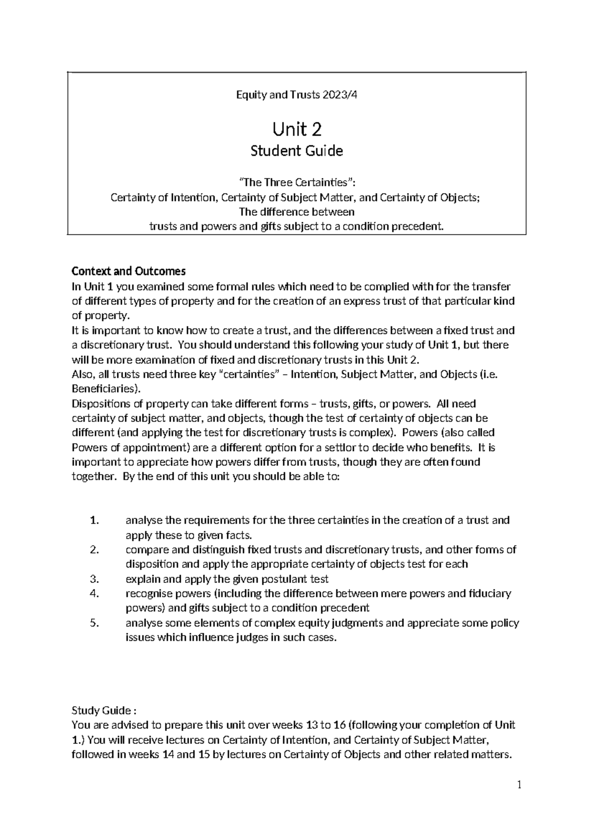 Unit 2 The Three Certainties, Powers, and other Gifts - Equity and Trusts 2023/ Unit 2 Student ...