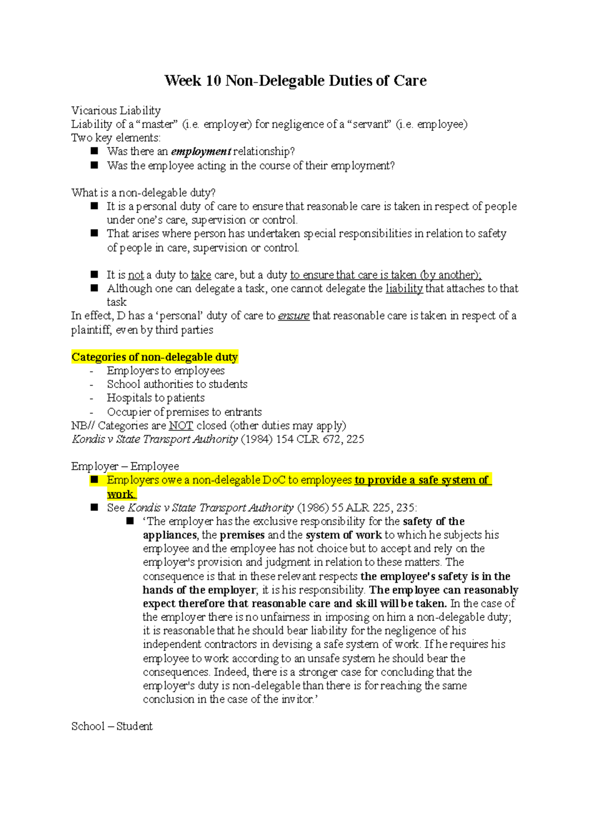 Week 10 Non-Delegable Duties - employer) for negligence of a “servant ...