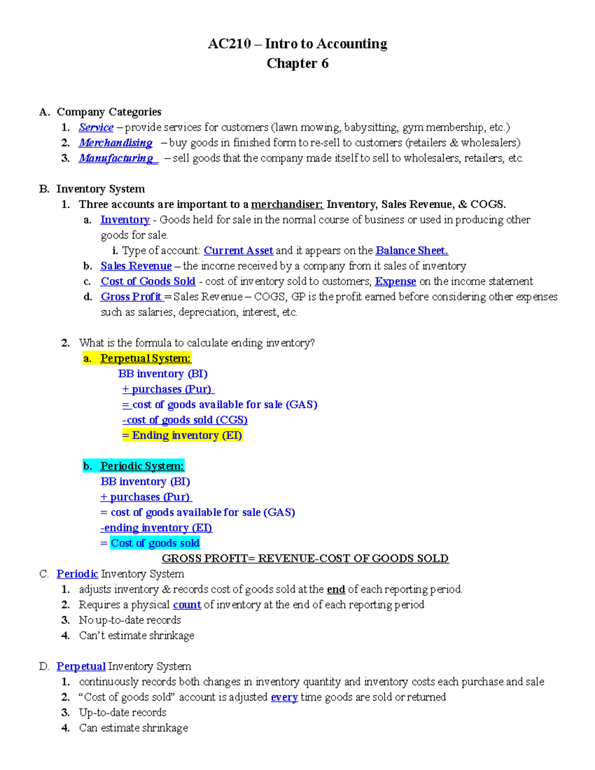 Chapter 6 handout - AC210 – Intro to Accounting Chapter 6 A. Company ...