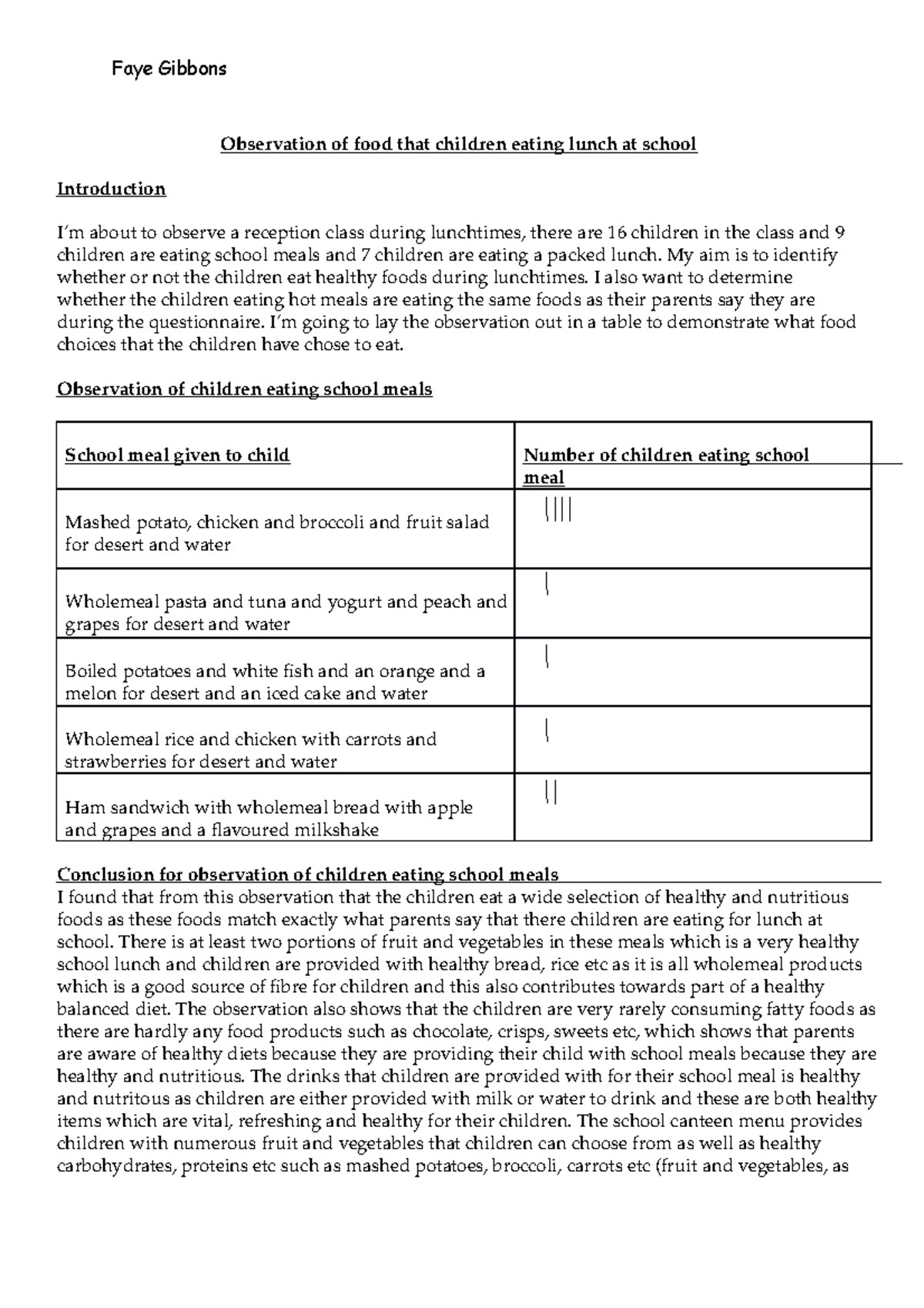 Observation - Faye Gibbons Observation of food that children eating ...