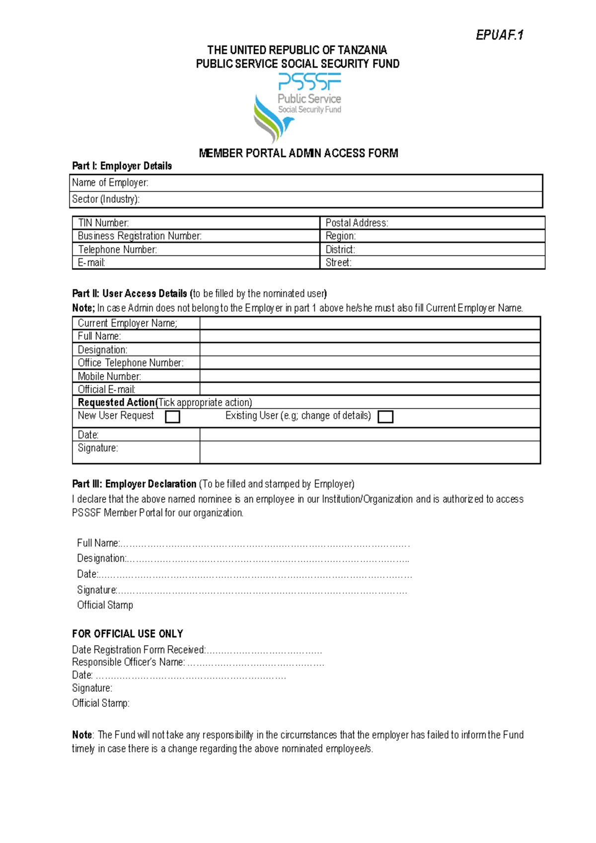 63adminportalaccessform - EPUAF. THE UNITED REPUBLIC OF TANZANIA PUBLIC ...