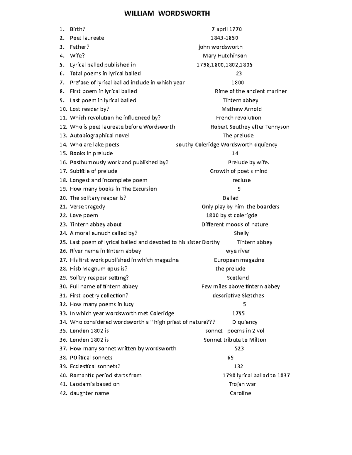 William Wordsworth notes - WILLIAM WORDSWORTH Birth? 7 april 1770 Poet ...