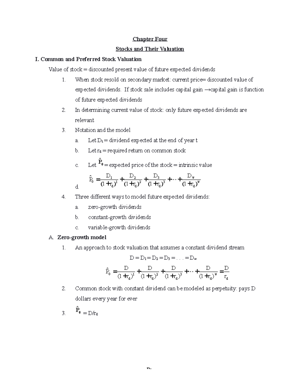 Chapter FOUR - Notes - Chapter Four Stocks and Their Valuation I ...