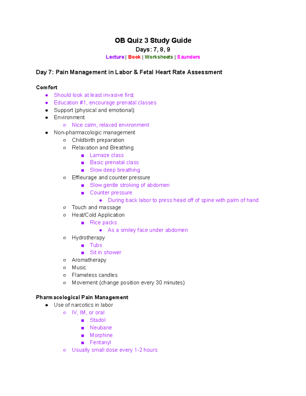 NURS222 Quiz 3 Study Guide - OB Quiz 3 Study Guide Days: 7, 8, 9 ...