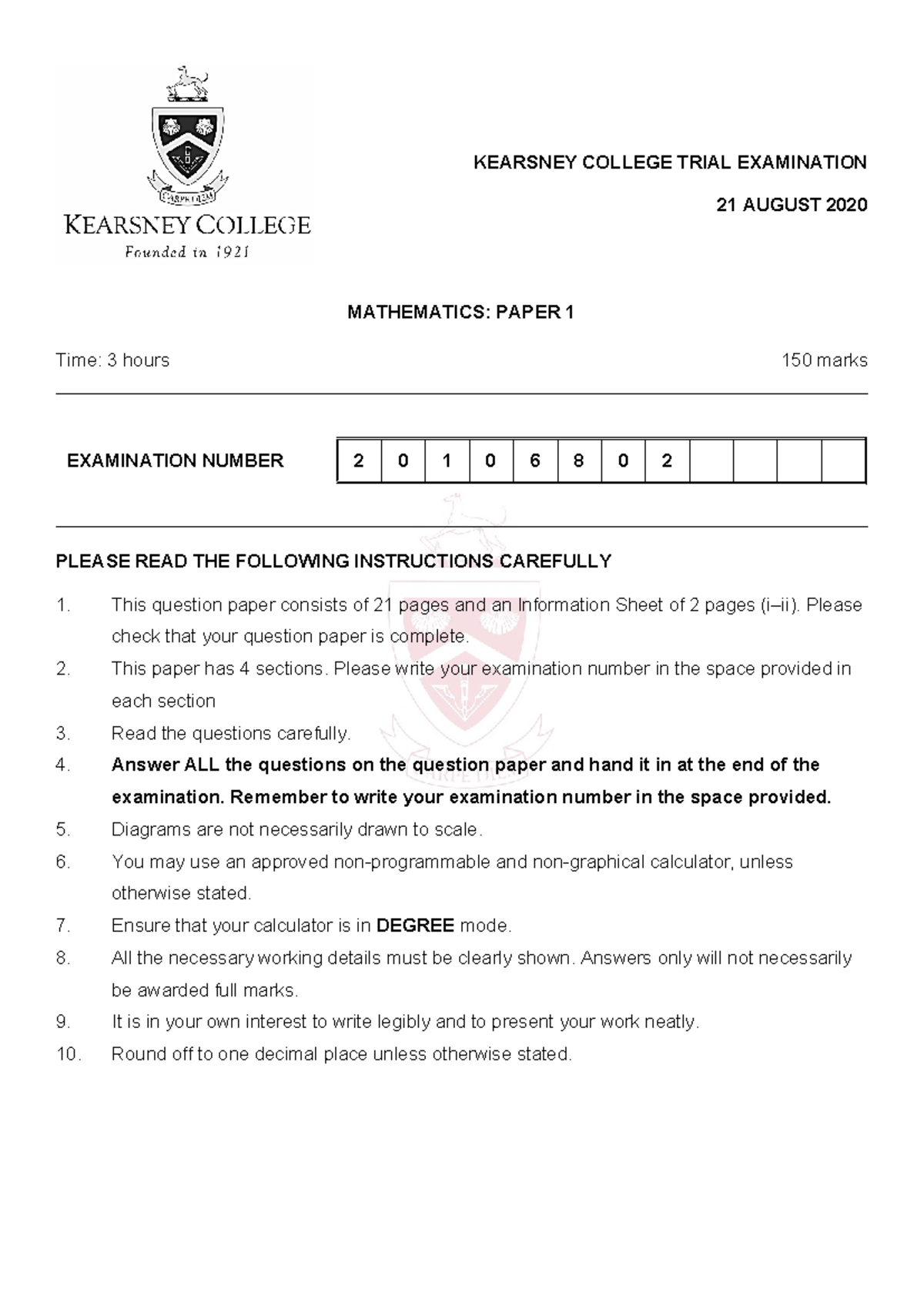 Grade 12 Trials Paper 1 2020 Final - KEARSNEY COLLEGE TRIAL EXAMINATION ...