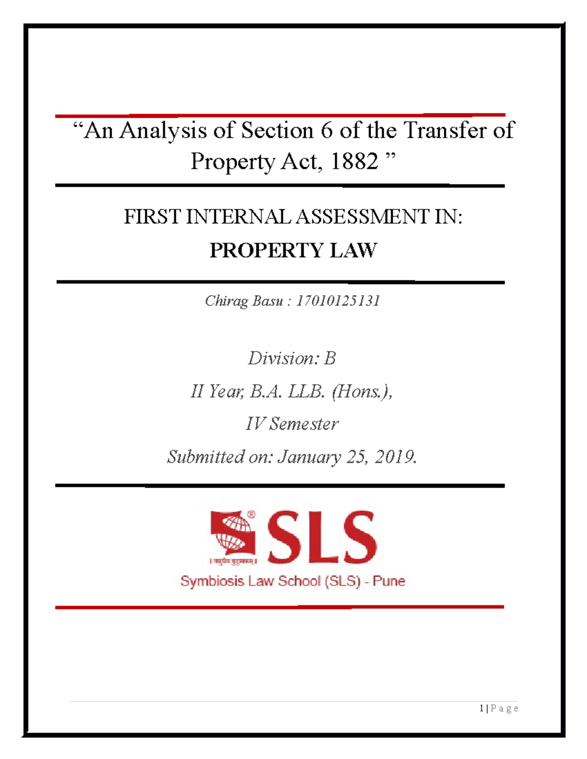 Analysis of Section 6 of TOPA - LLB. (Hons.), IV Semester Submitted on ...