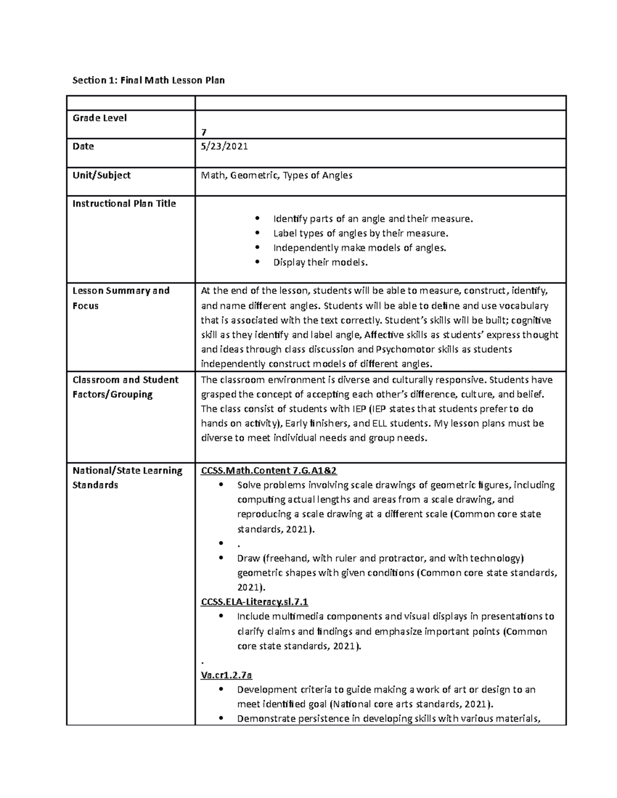 Final Math Lesson Plan - ELM-470 ASSIGNMENT - Section 1: Final Math ...