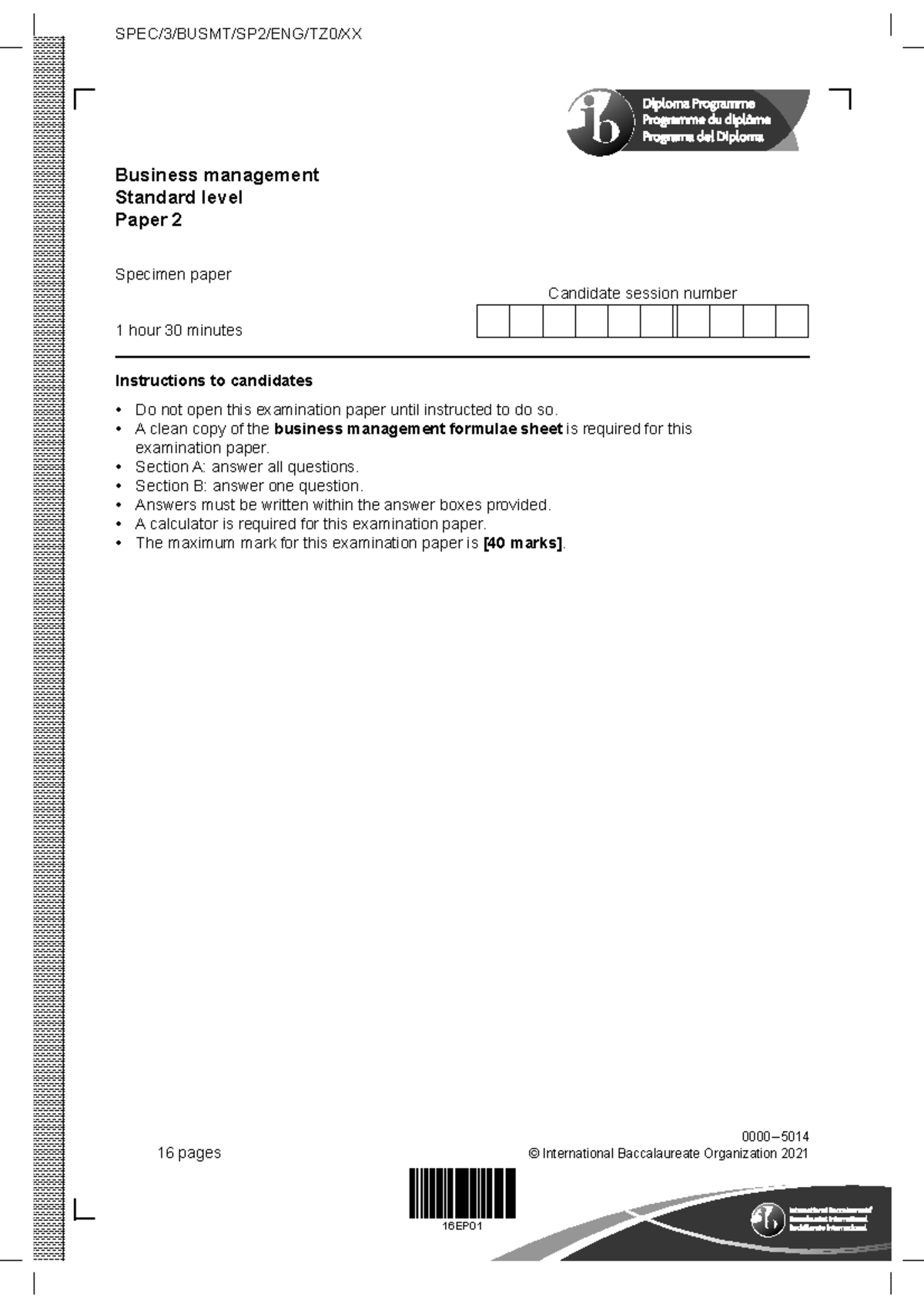 Paper 2 Specimen Paper - this is a book - Candidate session number ...