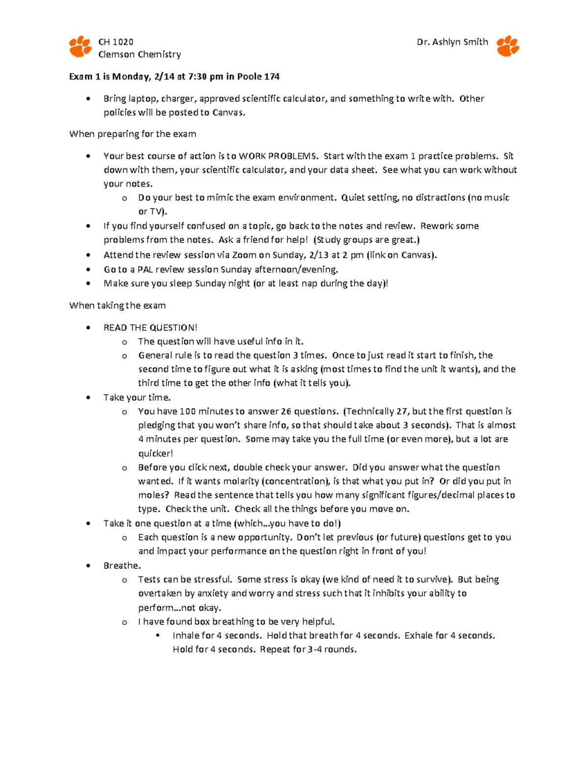 Exam 1 review worksheet 1 - Clemson Chemistry Exam 1 is Monday, 2/14 at ...