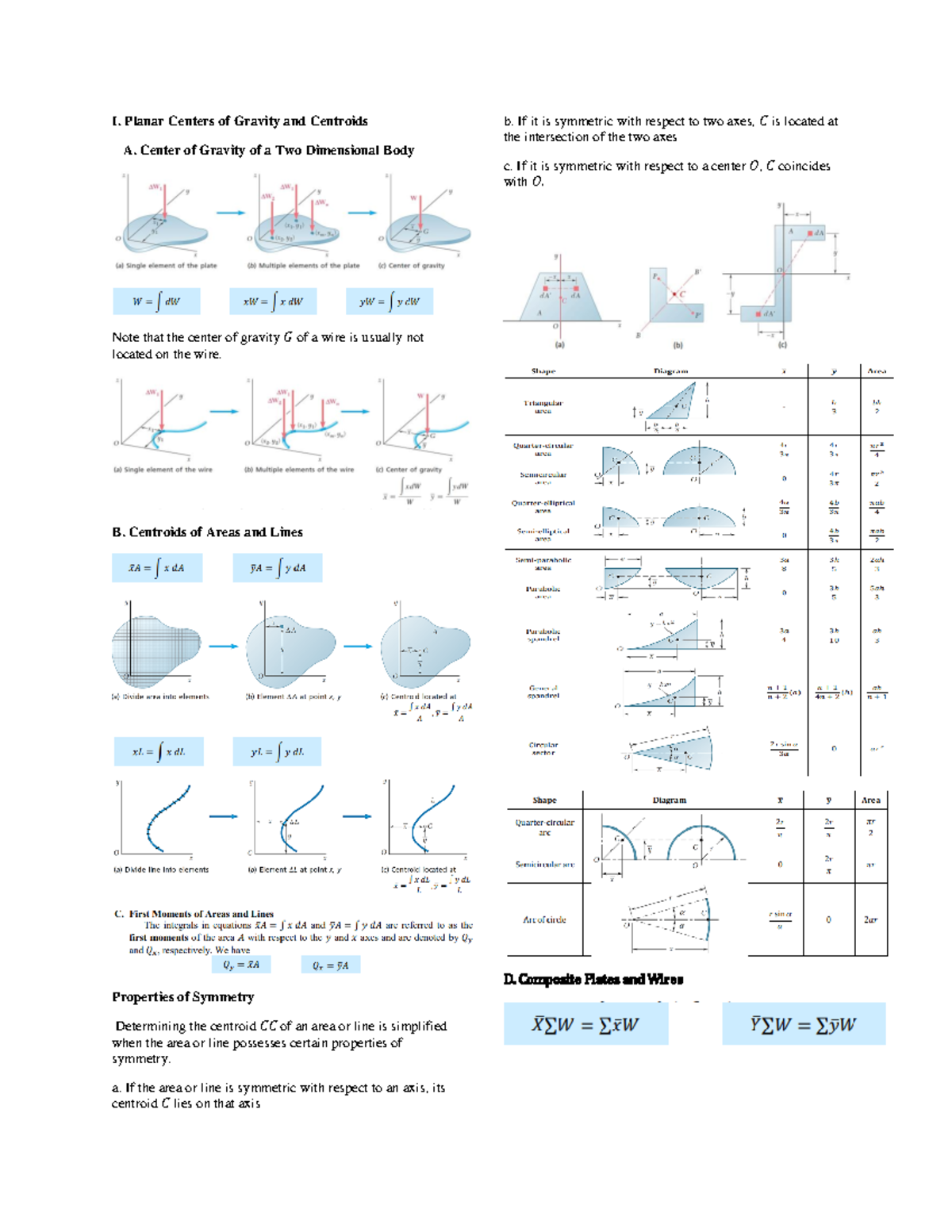 Week-7-statics - Practice questions and formulas - I. Planar Centers of ...