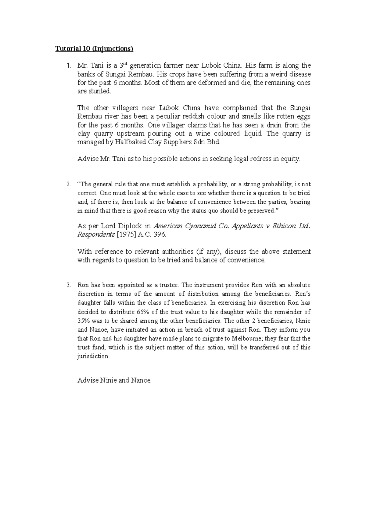 Tutorial 10 (Injunctions) Week 12 - Equity and Trusts II - MMU - Studocu