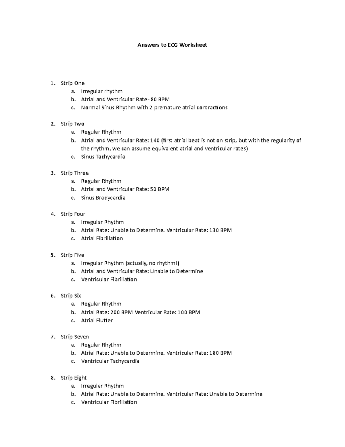 Answers to ECG Practice Sheet - Answers to ECG Worksheet Strip One a ...