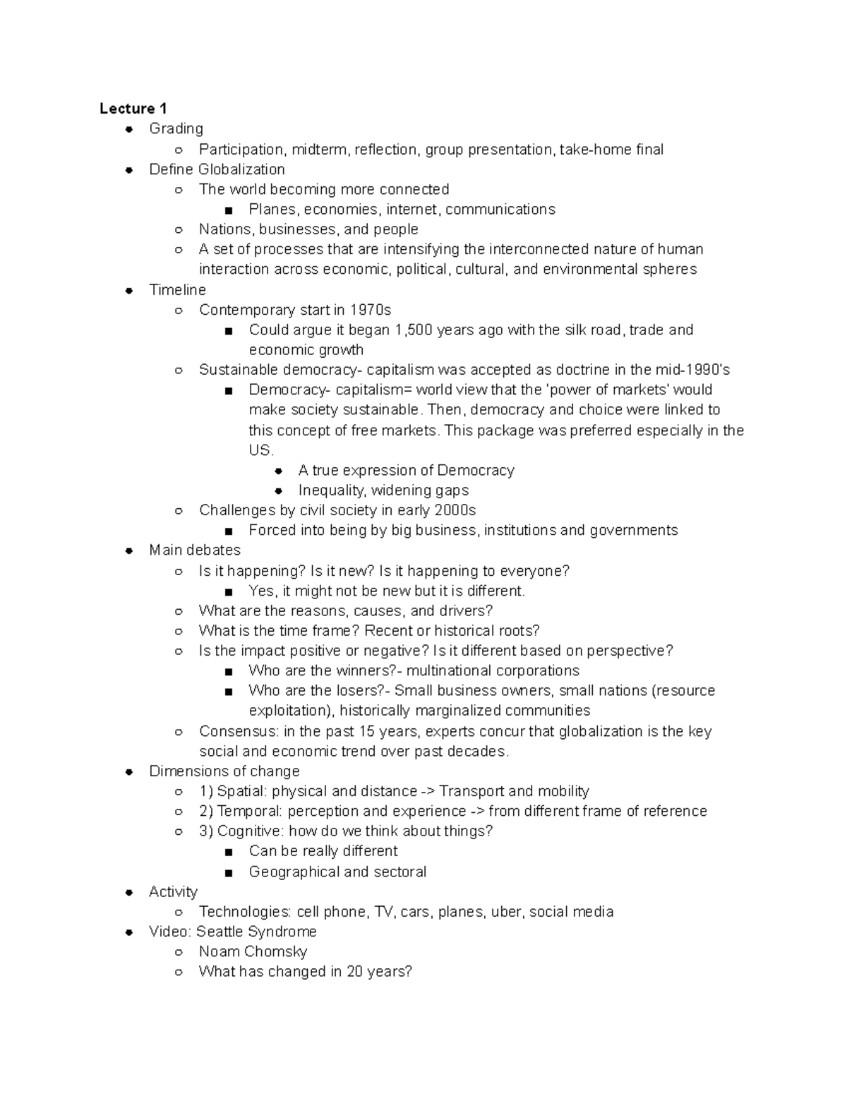 Globalization Notes - Lecture 1 Grading Participation, midterm ...