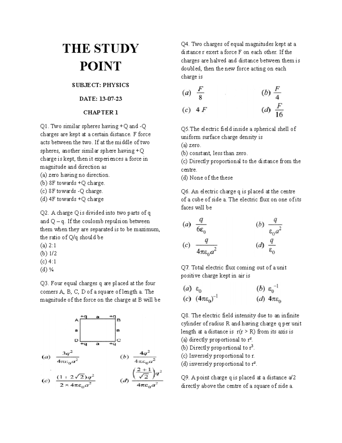 Test ch 1 - THE STUDY POINT SUBJECT: PHYSICS DATE: 13-07- CHAPTER 1 Q1 ...