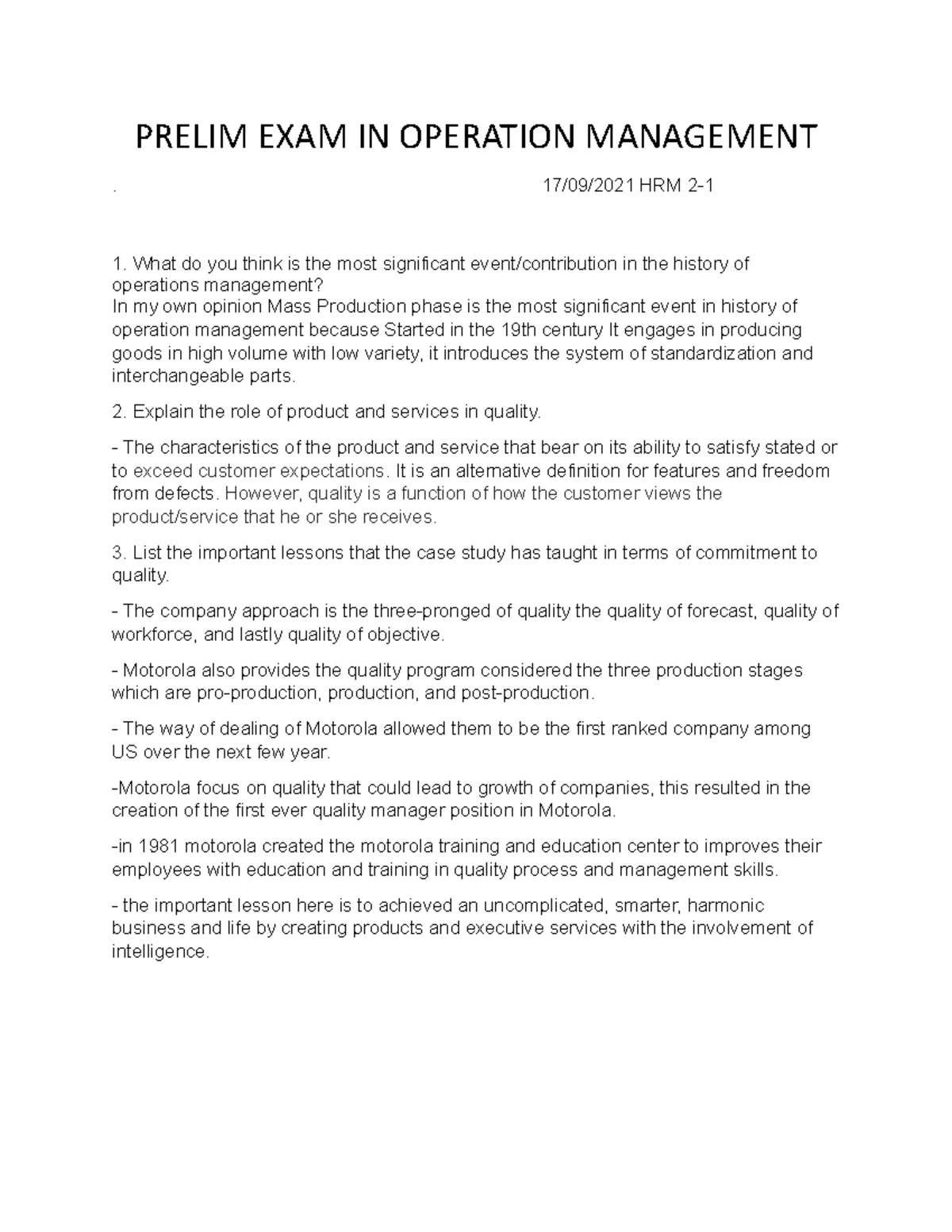 operation management exercises - PRELIM EXAM IN OPERATION MANAGEMENT ...