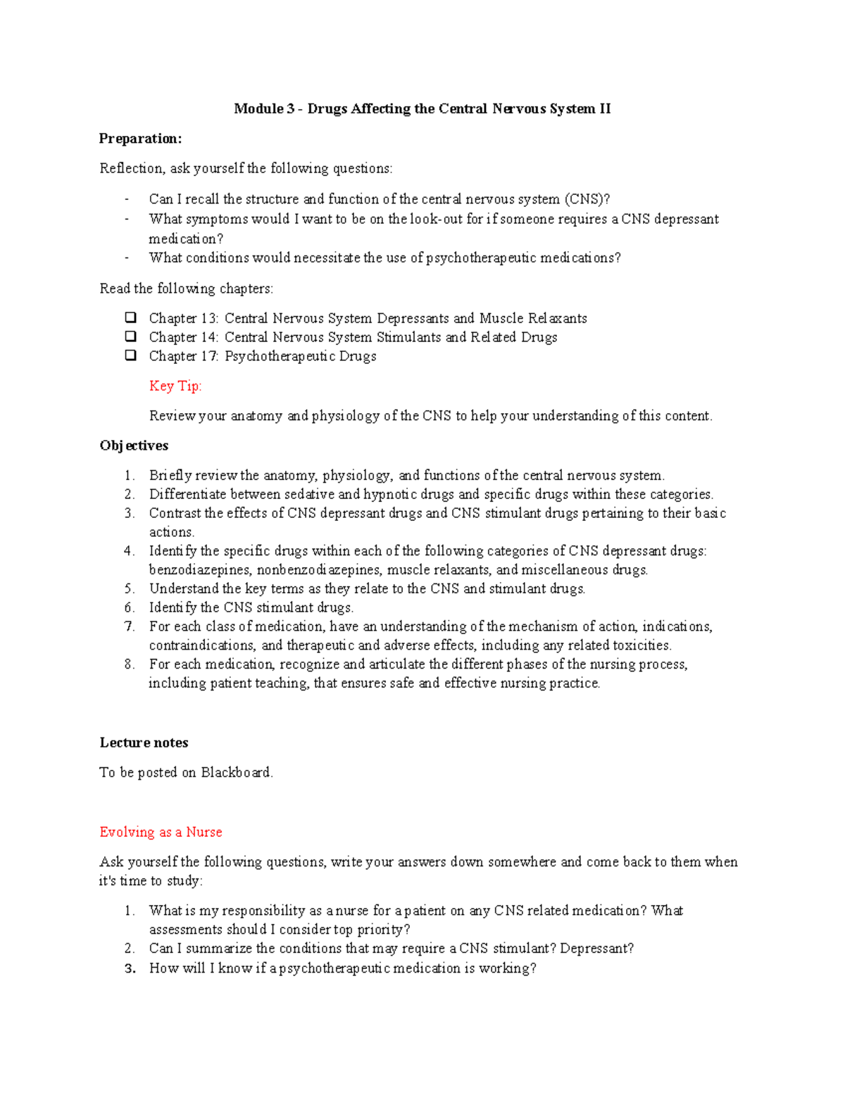 PHAR 1000 Module 3 - Powerpoint note from pharmacology - Module 3 - Drugs Affecting the Central ...