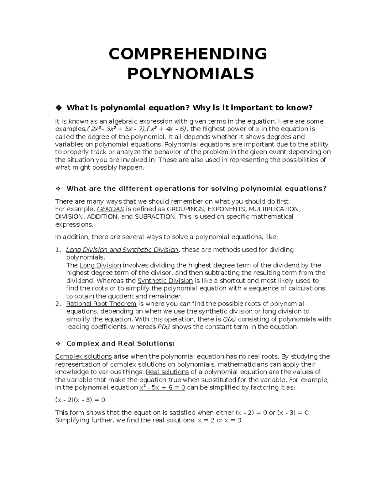 Comprehending - Math - COMPREHENDING POLYNOMIALS What is polynomial ...
