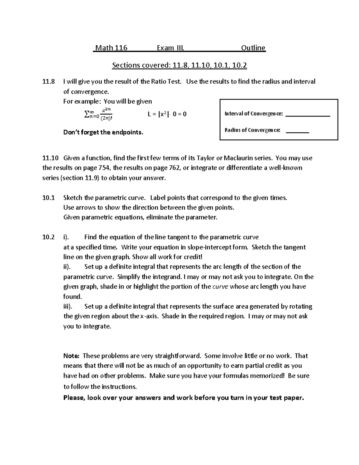 Exam III outline - Exam - Math 116 Exam III. Outline Sections covered ...