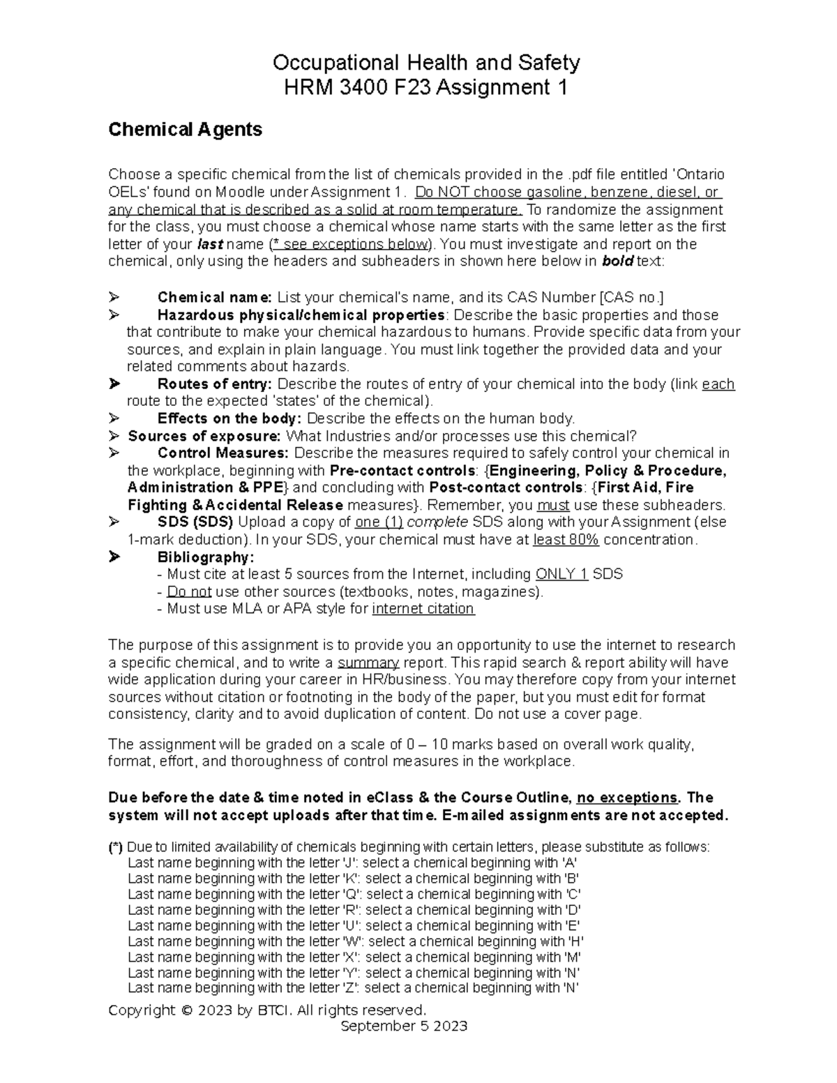 Assignment 1 Chemical Agents F23 - Occupational Health and Safety HRM 3400 F23 Assignment 1 ...