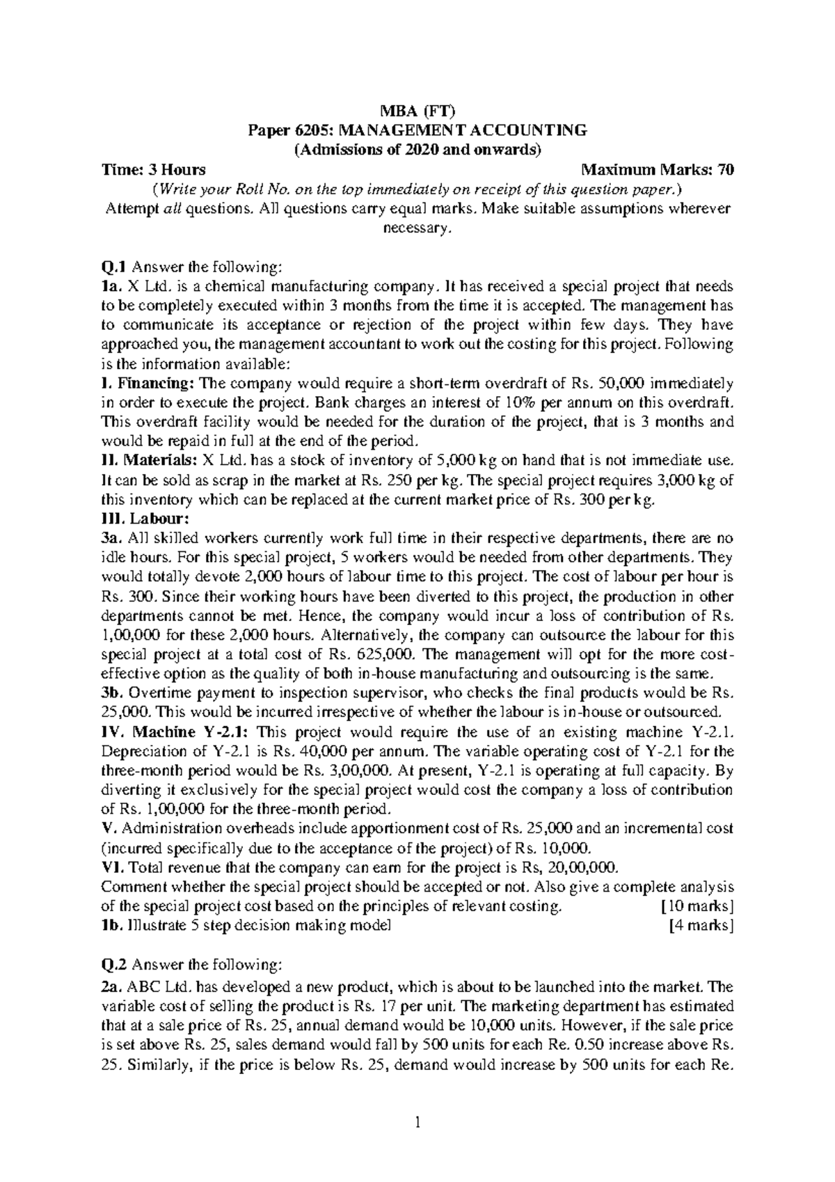 2022 Paper - Management Accounting - MBA (FT) Paper 6205: MANAGEMENT ...