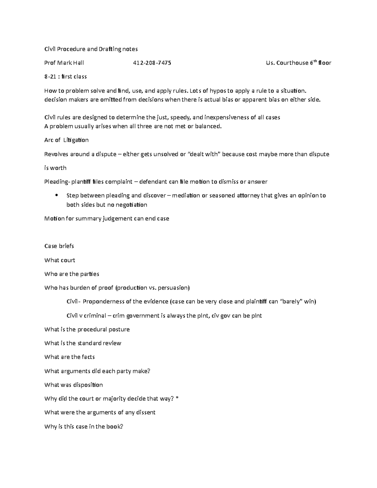 Notes Civ proc&draft - Civil Procedure and Drafting notes Prof Mark ...