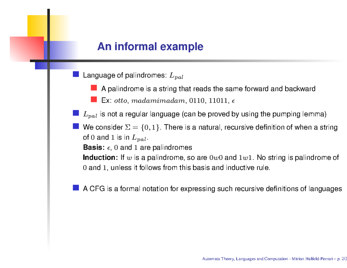 L3-Context-Free Grammars (CFG) - An informal example Language of ...