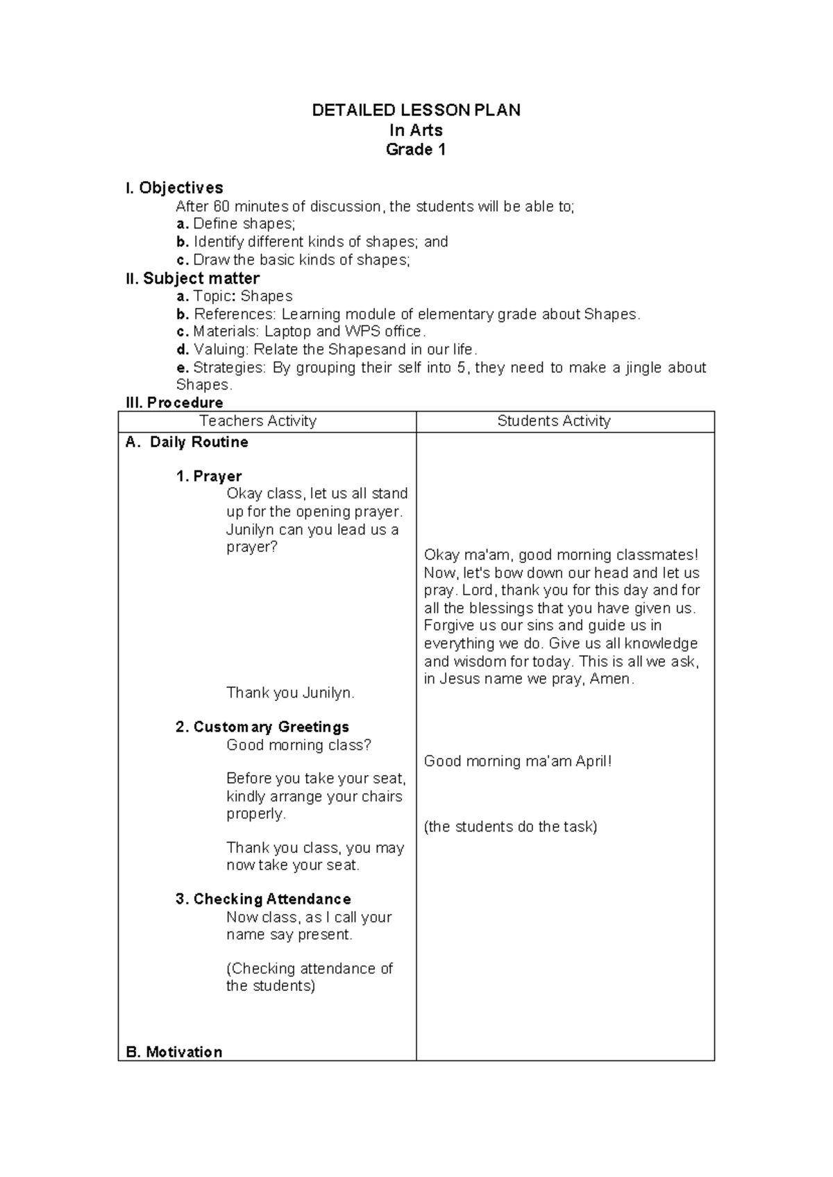 Detailed Lesson PLAN - Arts I - DETAILED LESSON PLAN In Arts Grade 1 I ...