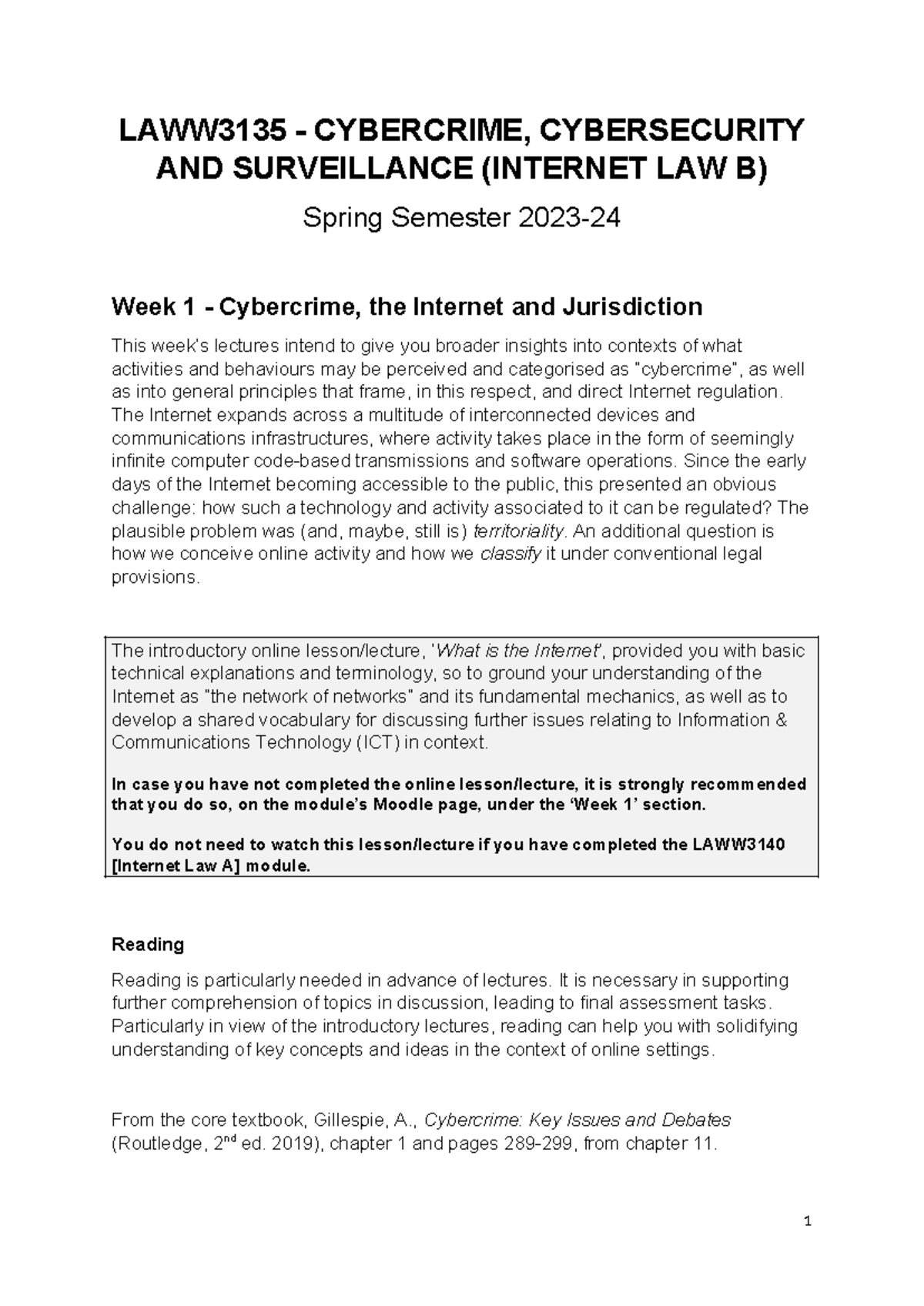 LAWW3135 1 - Cybercrime, the Internet and Jurisdiction - LAWW3135 ...